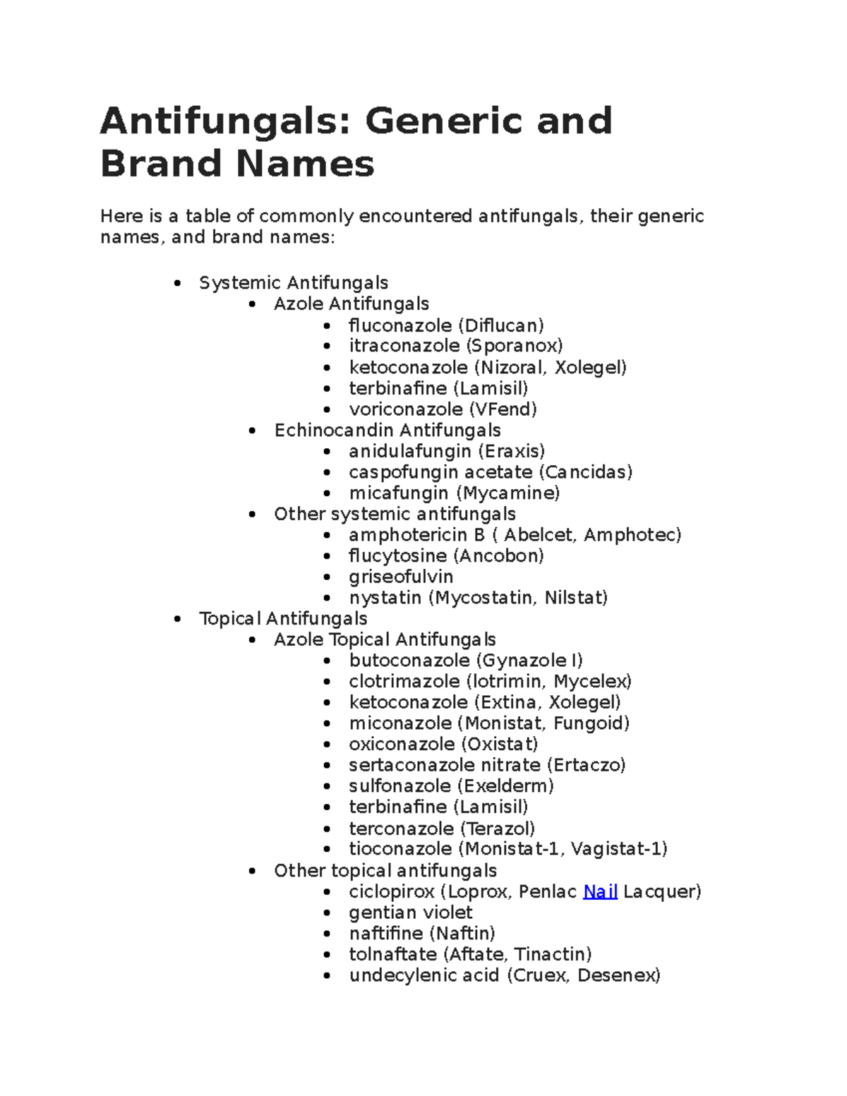 Antifungal Drugs: Key Generic and Brand Names Overview - Studocu