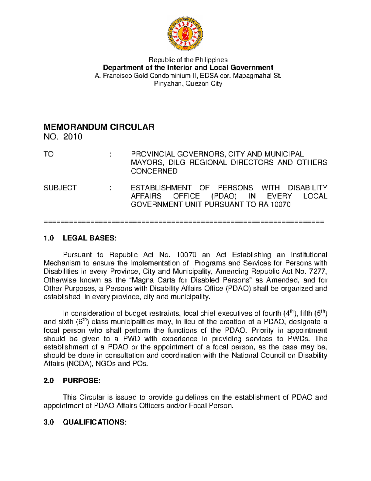Establishment of PWD Affairs Office as per RA 10070 Guidelines - Studocu