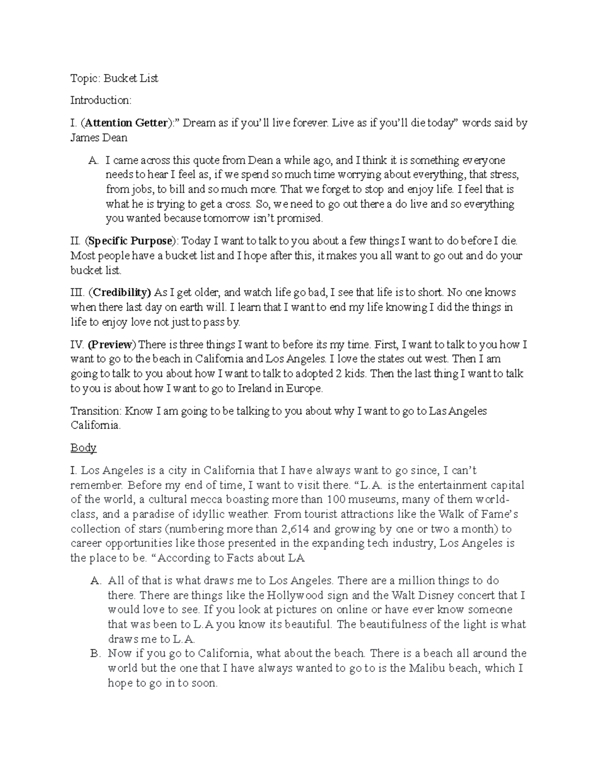 Bucket List Speech Outline - Key Points & Insights - Studocu