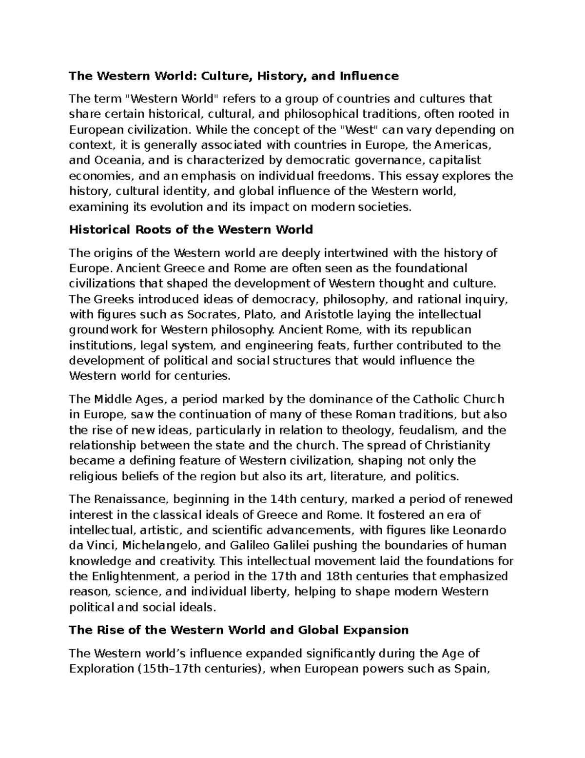 Western World: Cultural History and Global Influence Analysis - Studocu