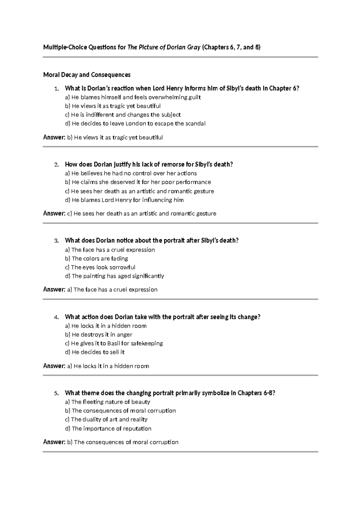 MCQs on The Picture of Dorian Gray (Ch. 6-8) - Themes of Morality ...