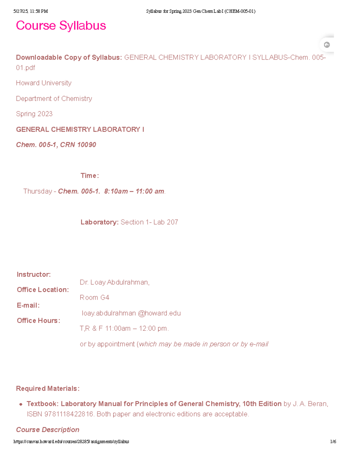 Spring 2023 CHEM 00501 General Chemistry Lab I Course Syllabus - Studocu