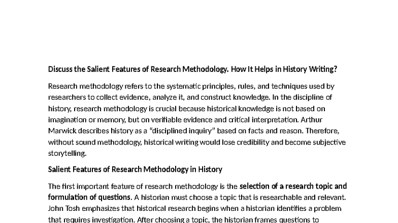 Salient Features of Research Methodology in History Writing - Studocu