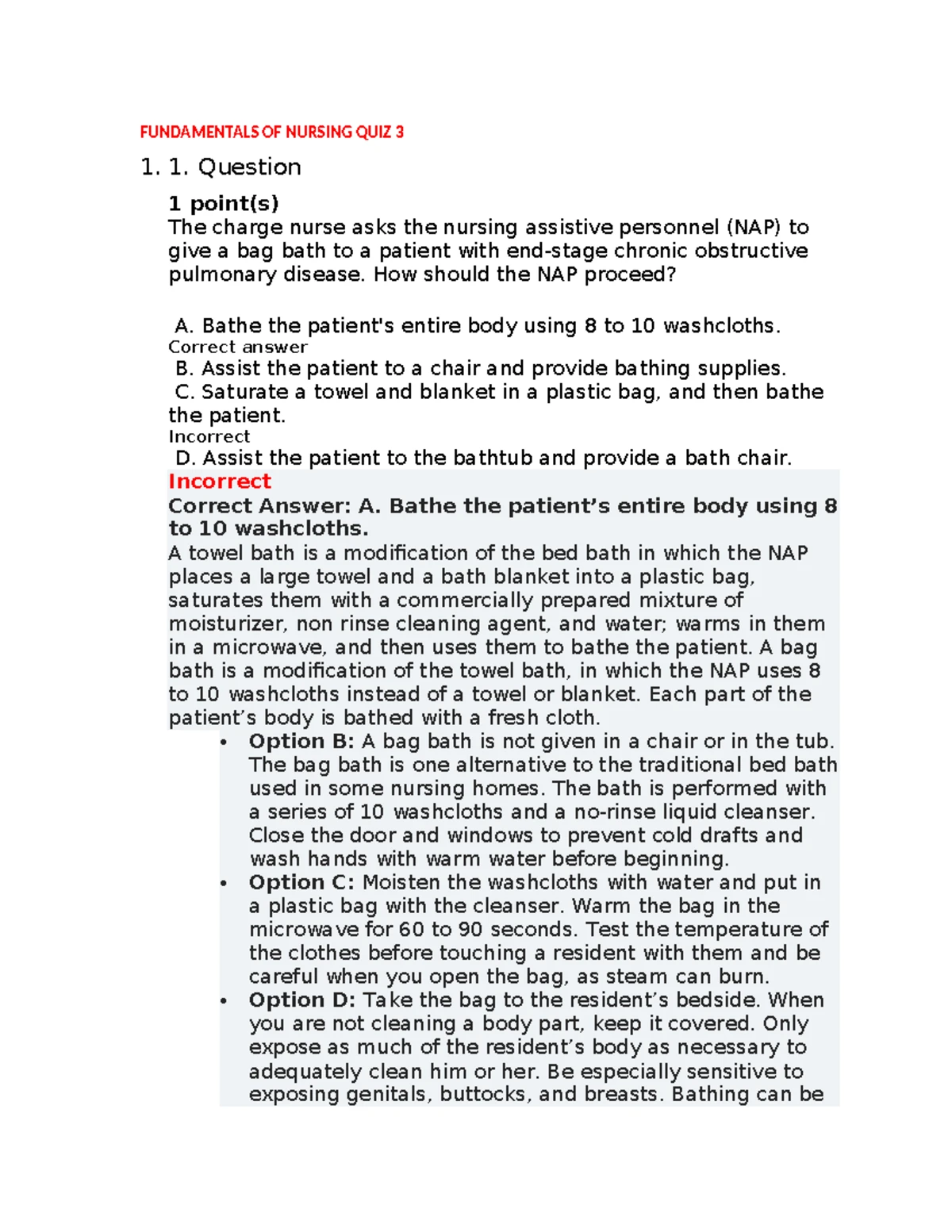 Fundamentals of Nursing Quiz 4: Key Concepts and Answers - Studocu