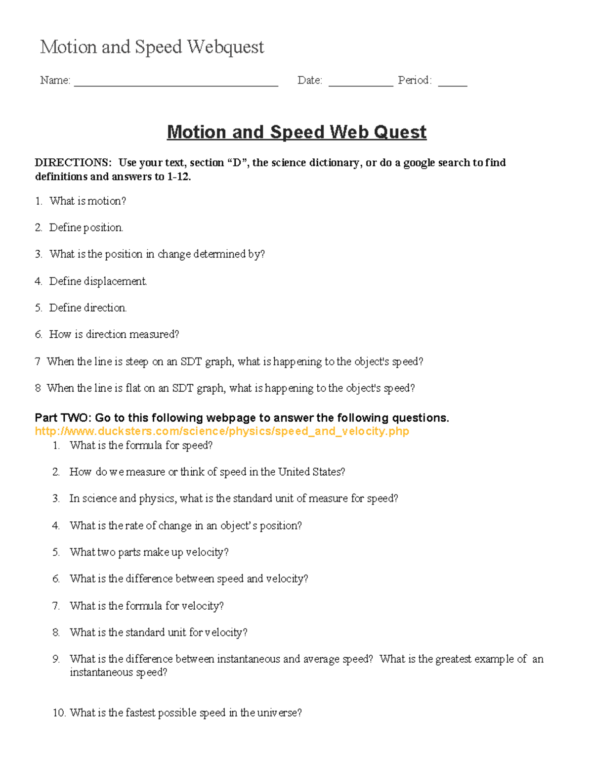 Motion and Speed Webquest (Science 101) - Exploring Key Concepts - Studocu