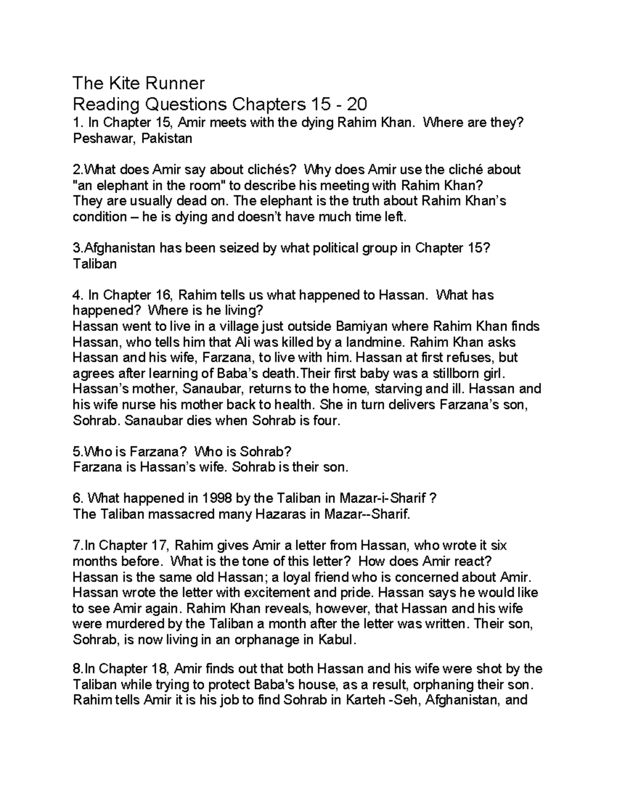 Kite Runner Reading Questions: Chapters 15-20 Summary & Analysis - Studocu