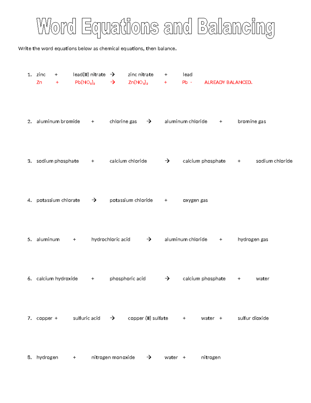 Balancing practice word equations - Write the word equations below as ...