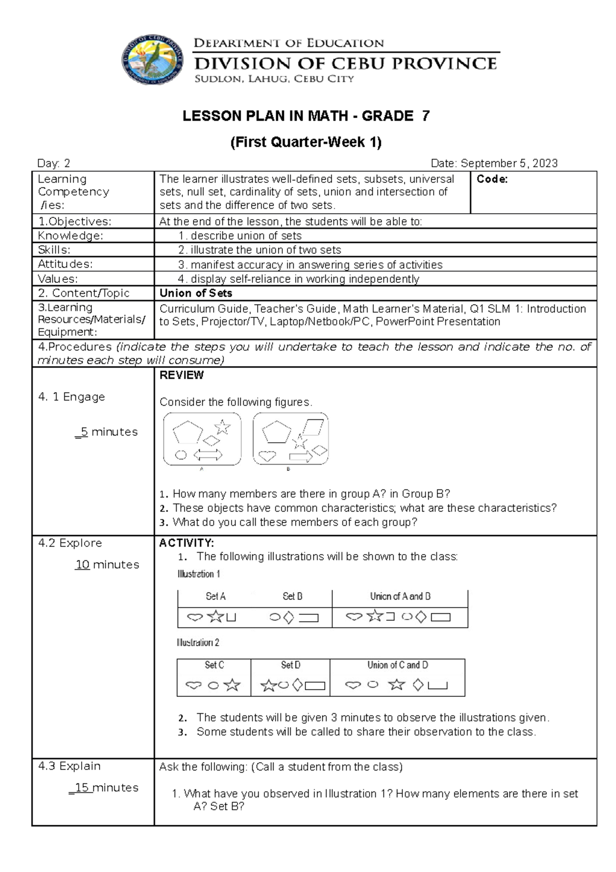Math 7 Q1-W1-D2 - LESSON PLAN IN MATHEMATICS 7 QUARTER 1 WEEK 1 DAY - LESSON PLAN IN MATH ...
