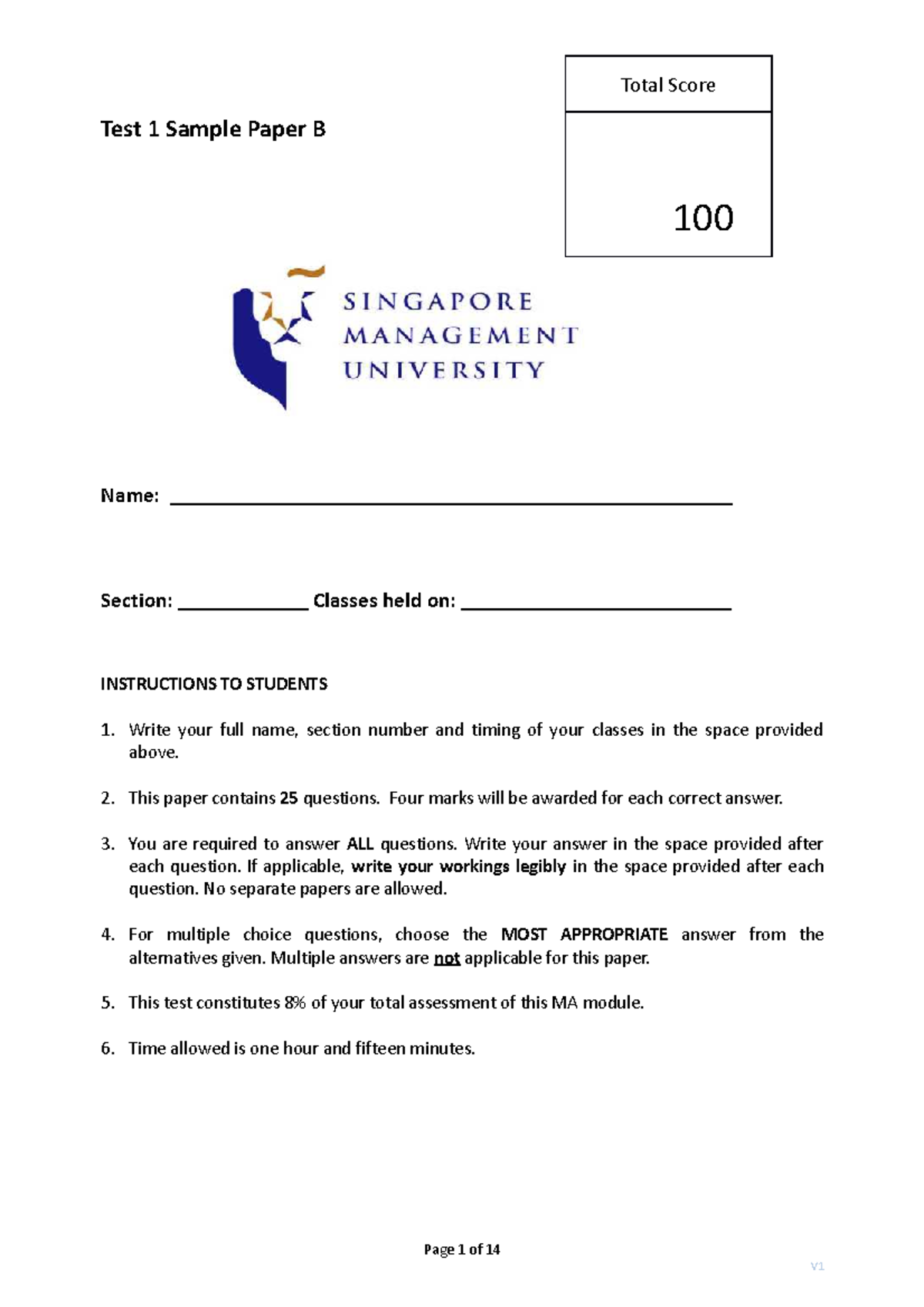 Paper 1B Qns - Management accounting test - Total Score Test 1 Sample ...