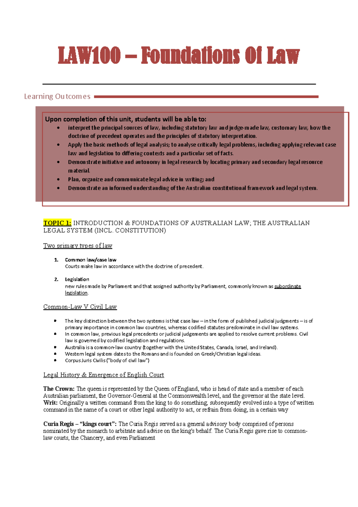 2022 LAW100 Final Exam Notes: Foundations of Law Overview - Studocu