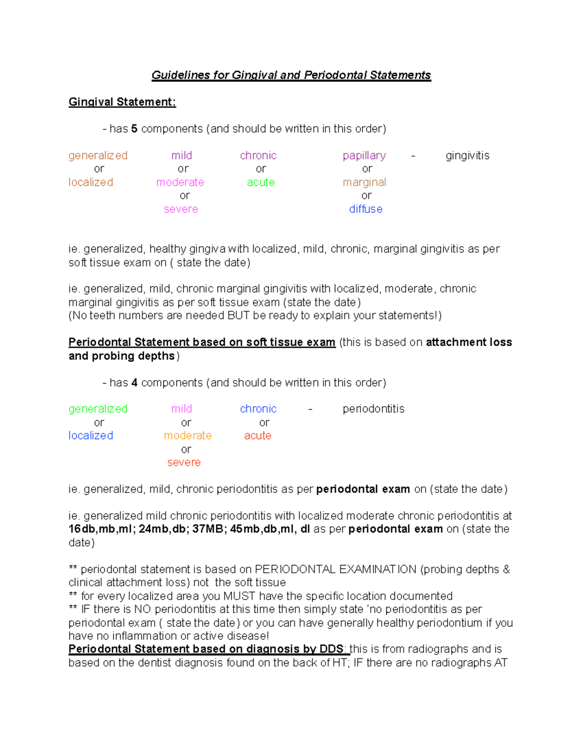 Guidelines for Gingival & Periodontal Statements: DHD Goals - Studocu