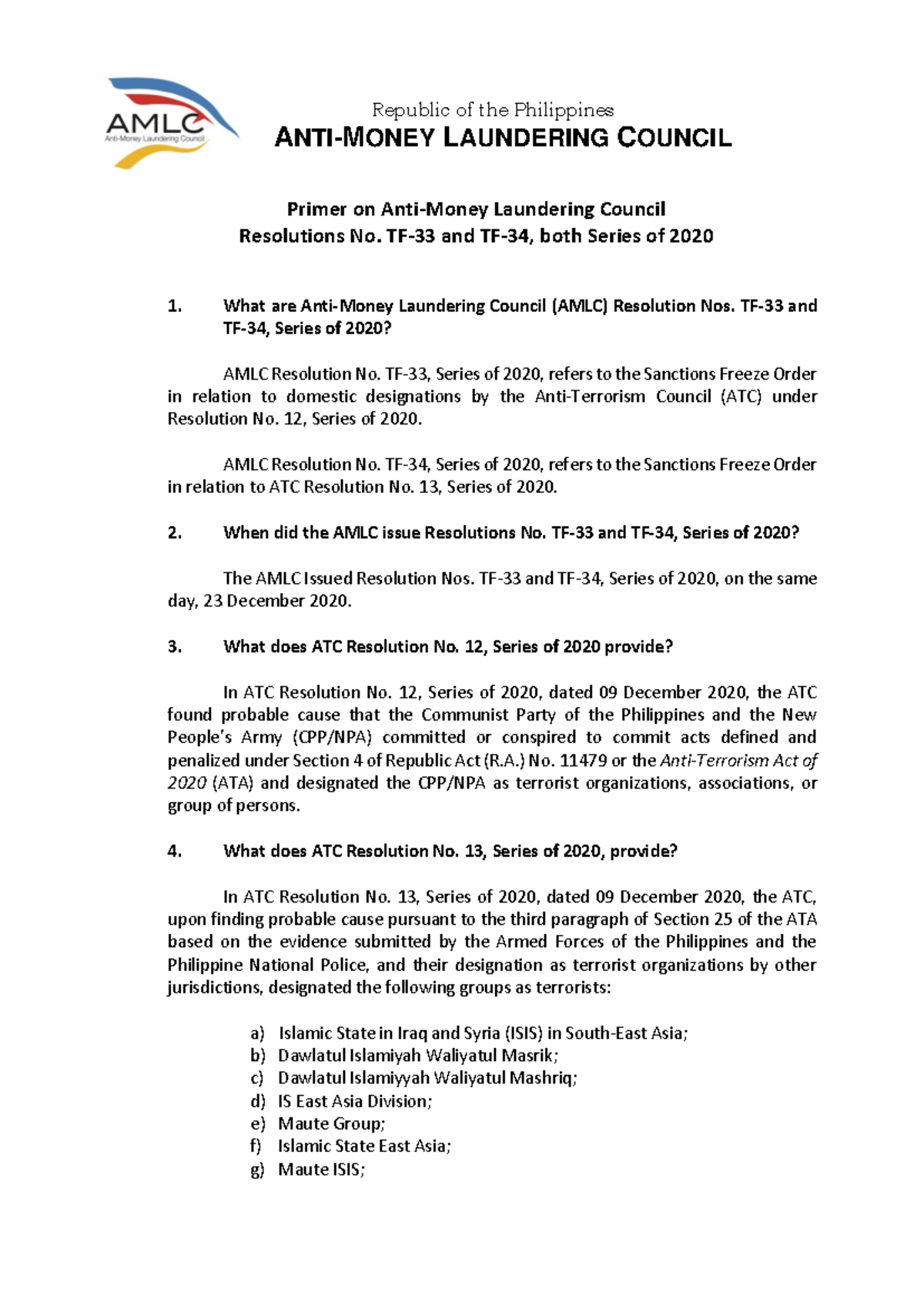 [Final] Comprehensive Guide to AMLC Resolutions TF-33 and TF-34 - Studocu
