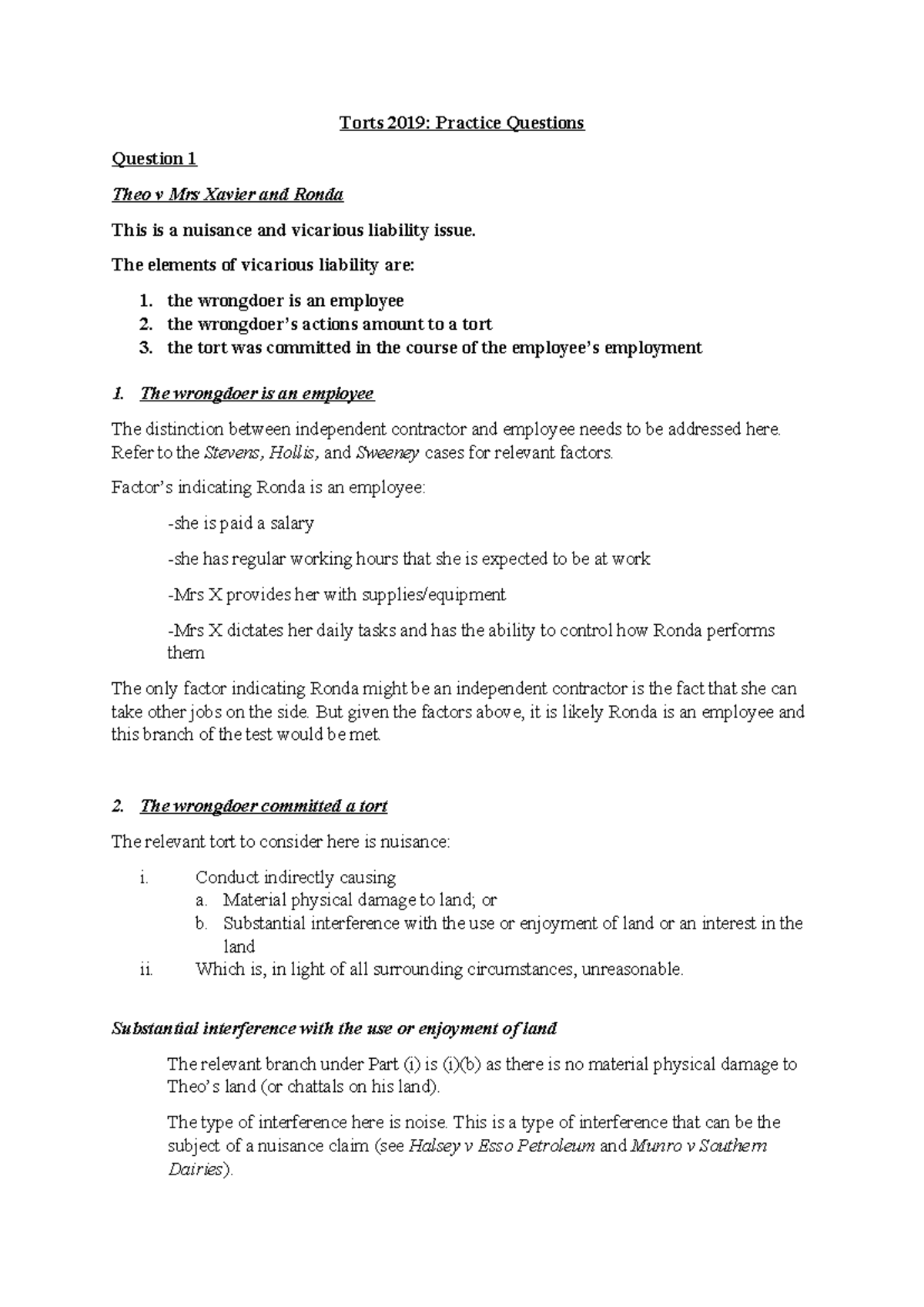 Torts 2019: Practice Questions Answer Guide and Analysis - Studocu