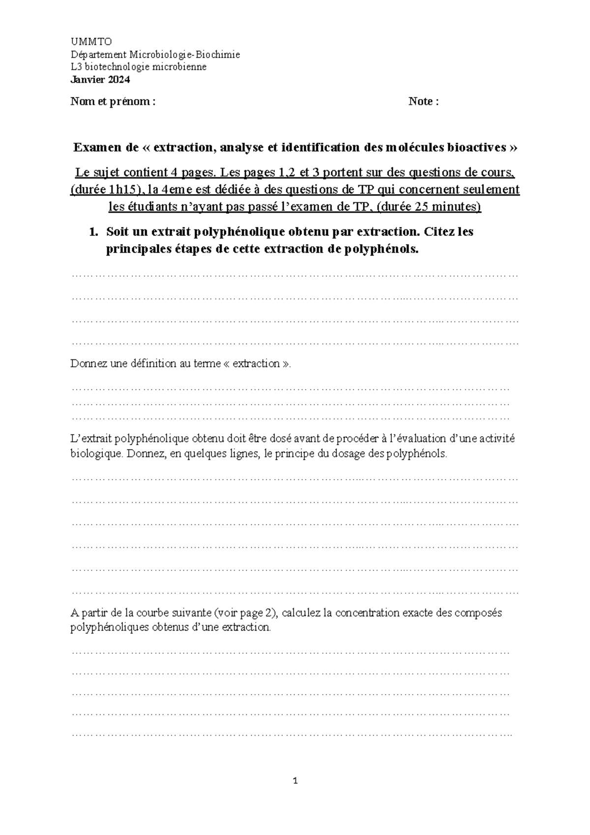 UMMTO L3 Biotechnologie Microbienne - Examen d'Extraction 2024 - Studocu
