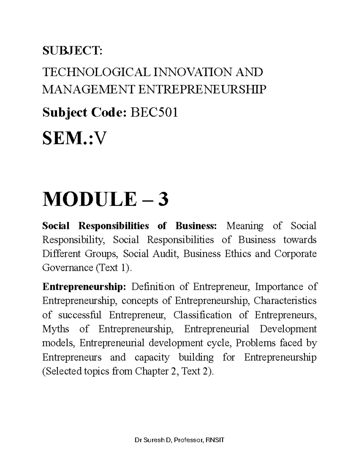 Technological Innovation & Management Entrepreneurship: BEC501 Module 3 ...