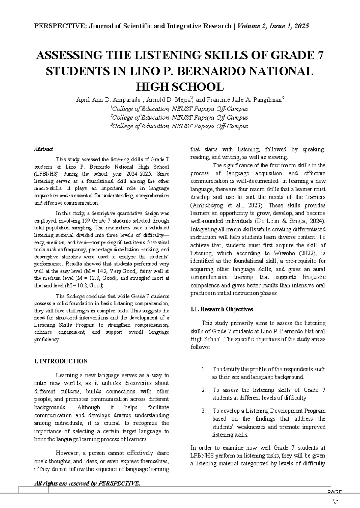 ASSESSING GRADE 7 LISTENING SKILLS AT LPBNHS: A STUDY (PERSPECTIVE ...