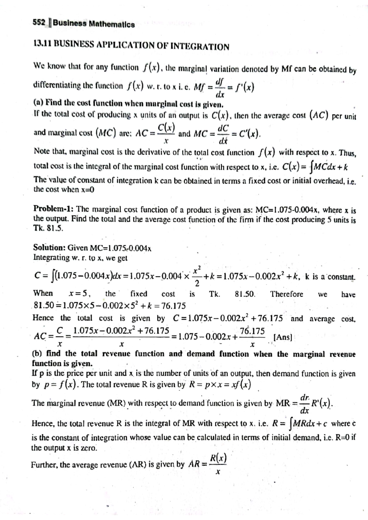 552 II Business Mathematics: Application of Integration Handouts - Studocu