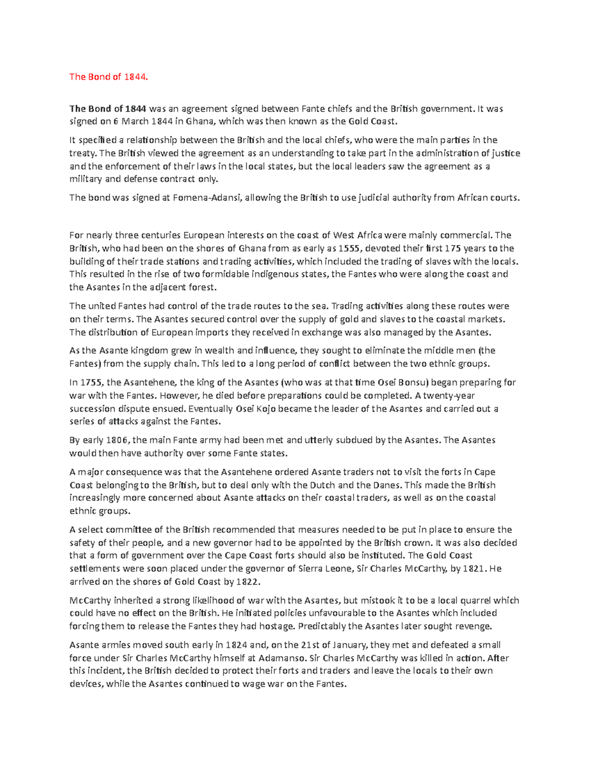 The Bond of 1844: An Agreement Between Fante Chiefs and Britain - Studocu