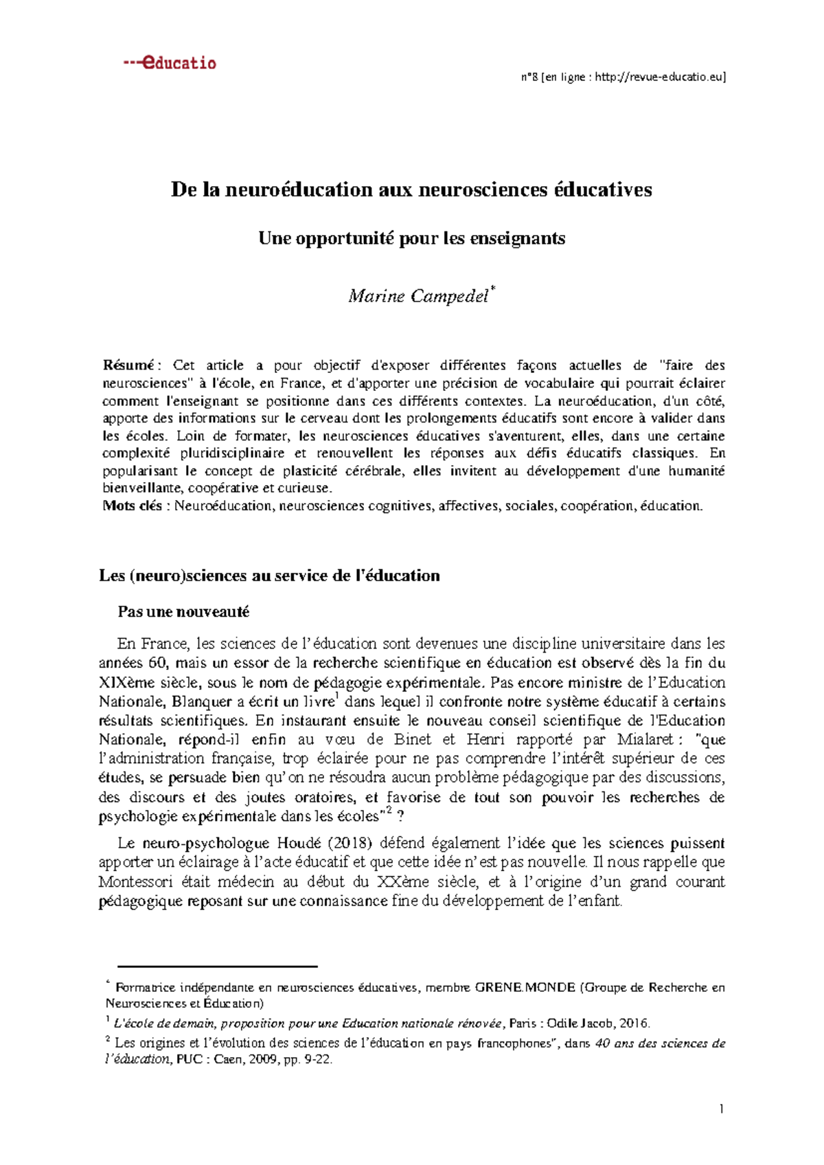 De la Neuroéducation aux Neurosciences Éducatives : Opportunités pour ...
