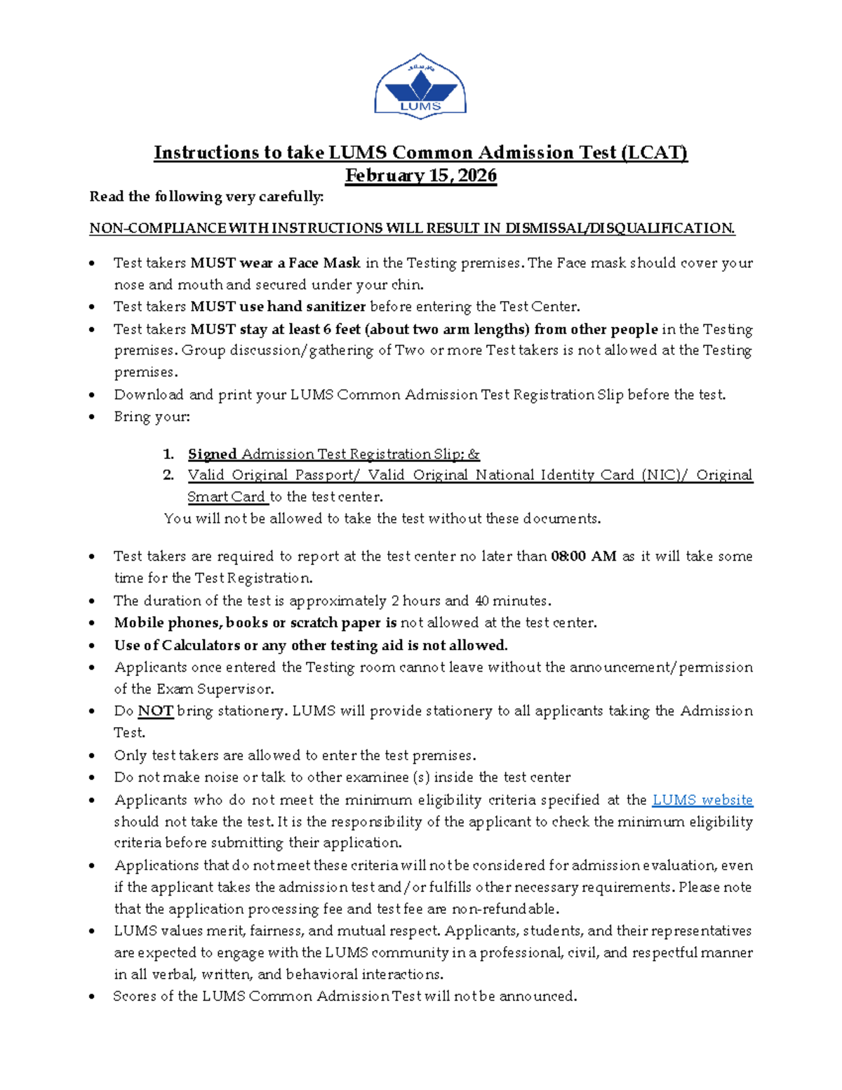Instructions for LUMS Common Admission Test (LCAT) Fall 2026 - Studocu