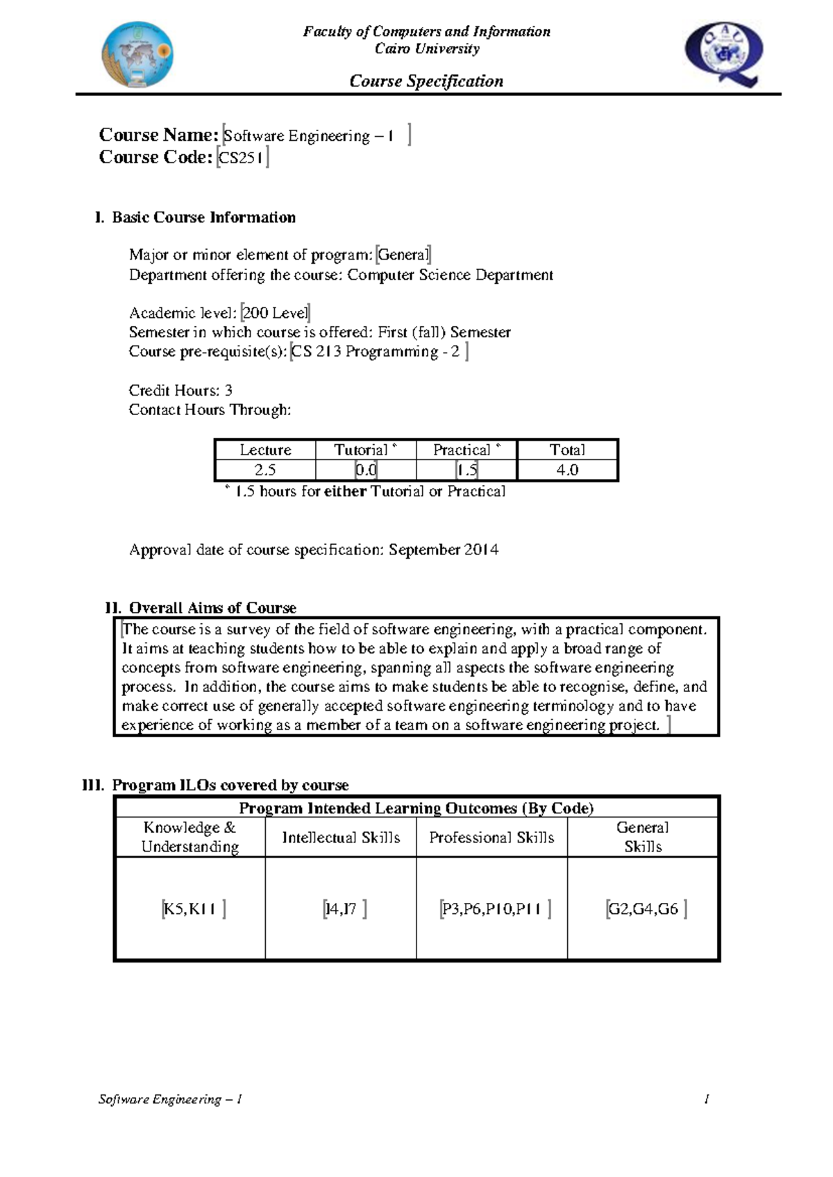 CS251 - Software Engineering 1 Course Specification & Learning Outcomes ...