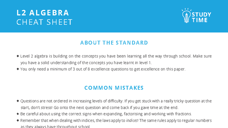L2 Algebra Cheat Sheet: Strategies, Tips, and Common Mistakes - Studocu