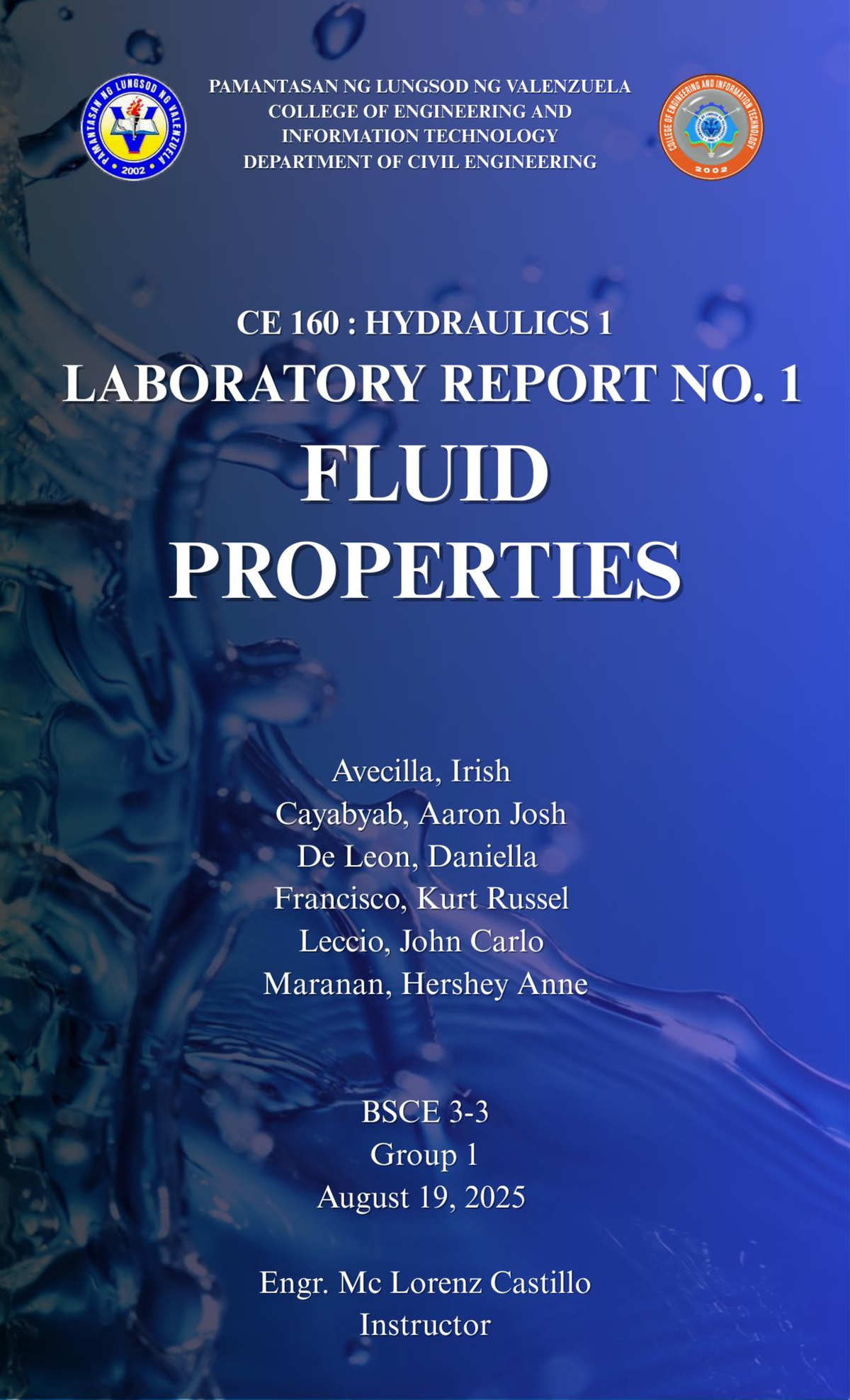 CE 160: Lab Report 1 - Fluid Properties Analysis - Studocu