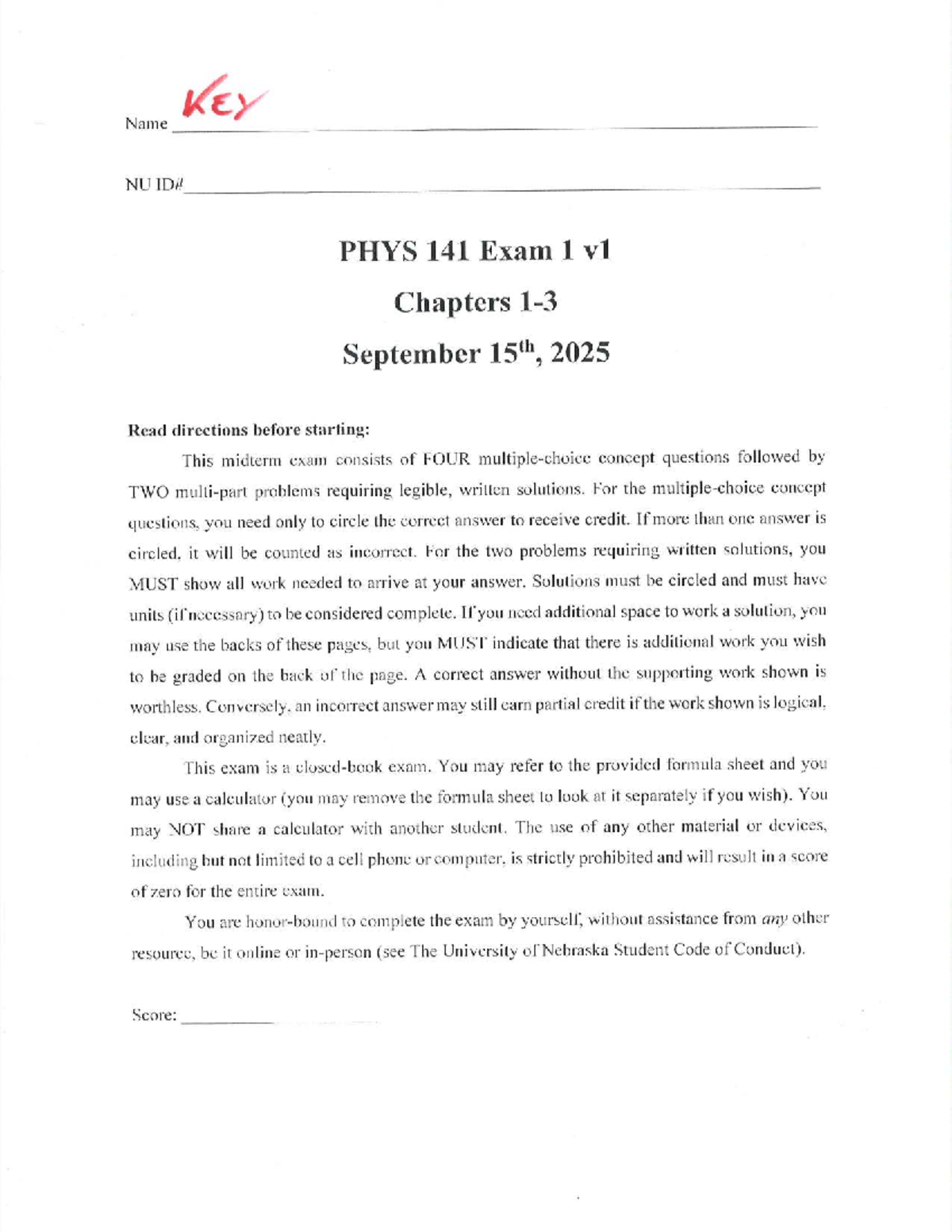 PHYS 141 Midterm Exam 1 Key - September 15, 2025 - Studocu