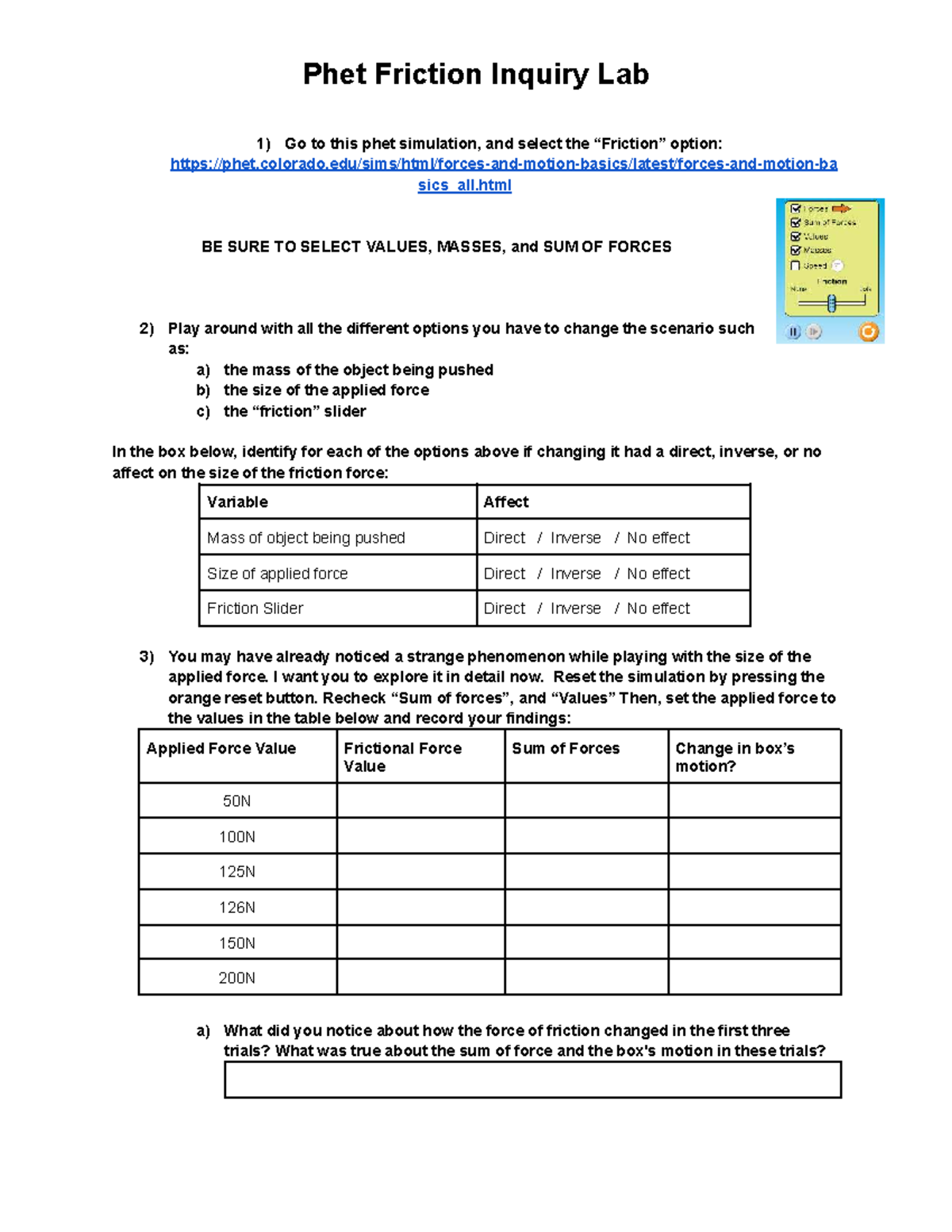 Phet Friction Inquiry Lab: Exploring Forces and Friction Effects - Studocu