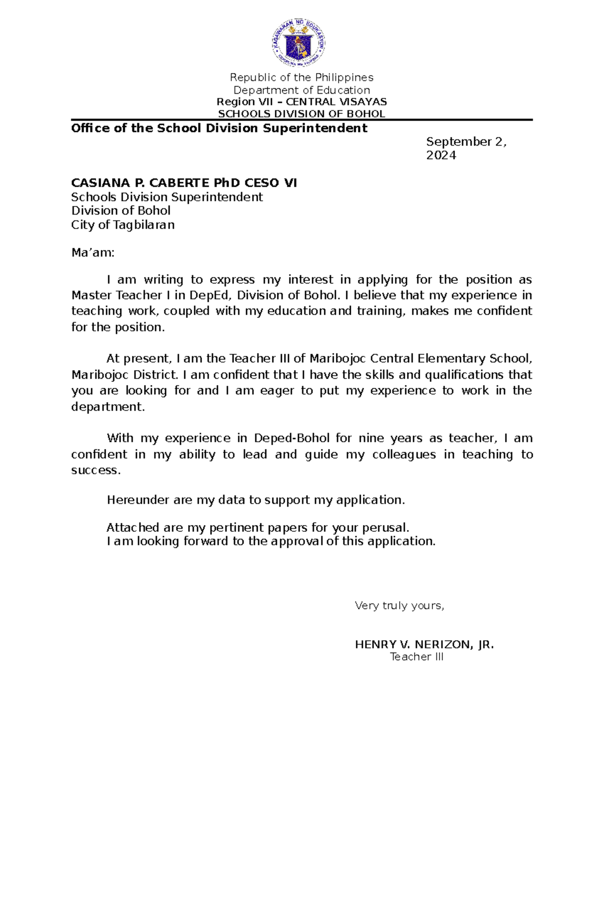 Letter of Intent for Master Teacher I Position - Sample Template - Studocu