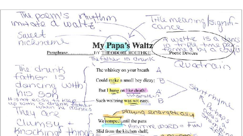 MPW Annotated Analysis of "My Papa's Waltz" by Theodore Roethke - Studocu
