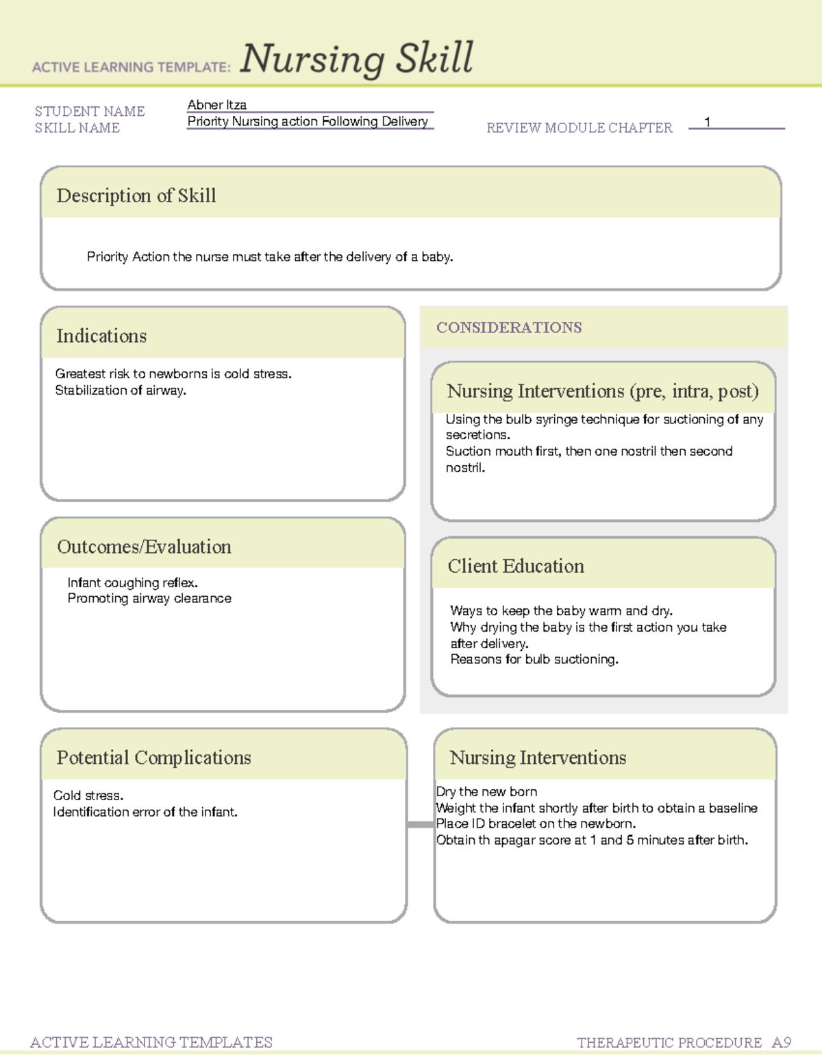 Nursing Skill Template: Priority Actions Post-Delivery (NURS 101) - Studocu