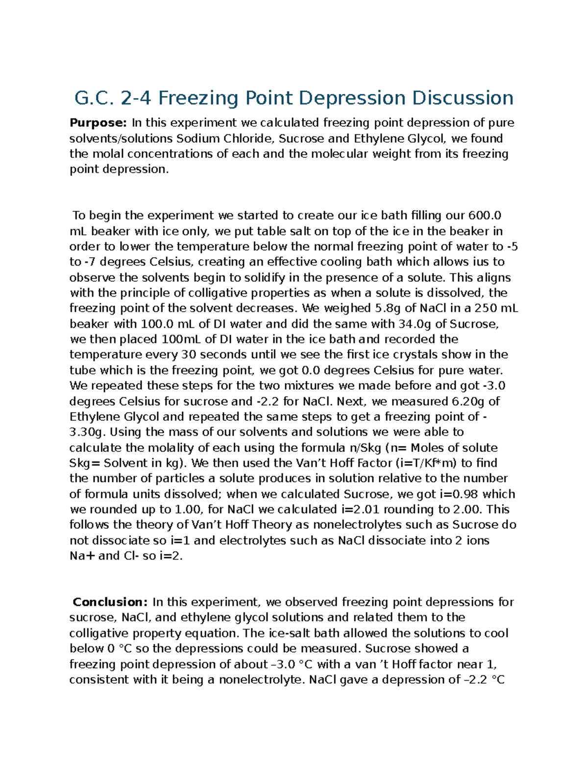 GC2-4 Lab Report: Freezing Point Depression of Solutes - Studocu