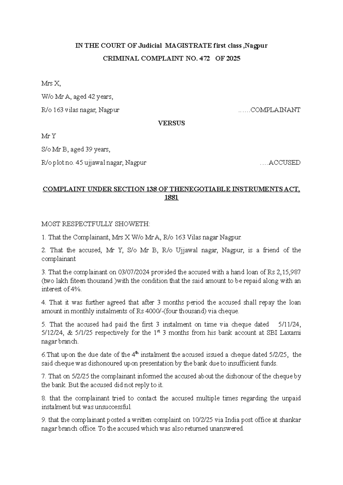 138 NI - draft of 138 ni - IN THE COURT OF Judicial MAGISTRATE first ...