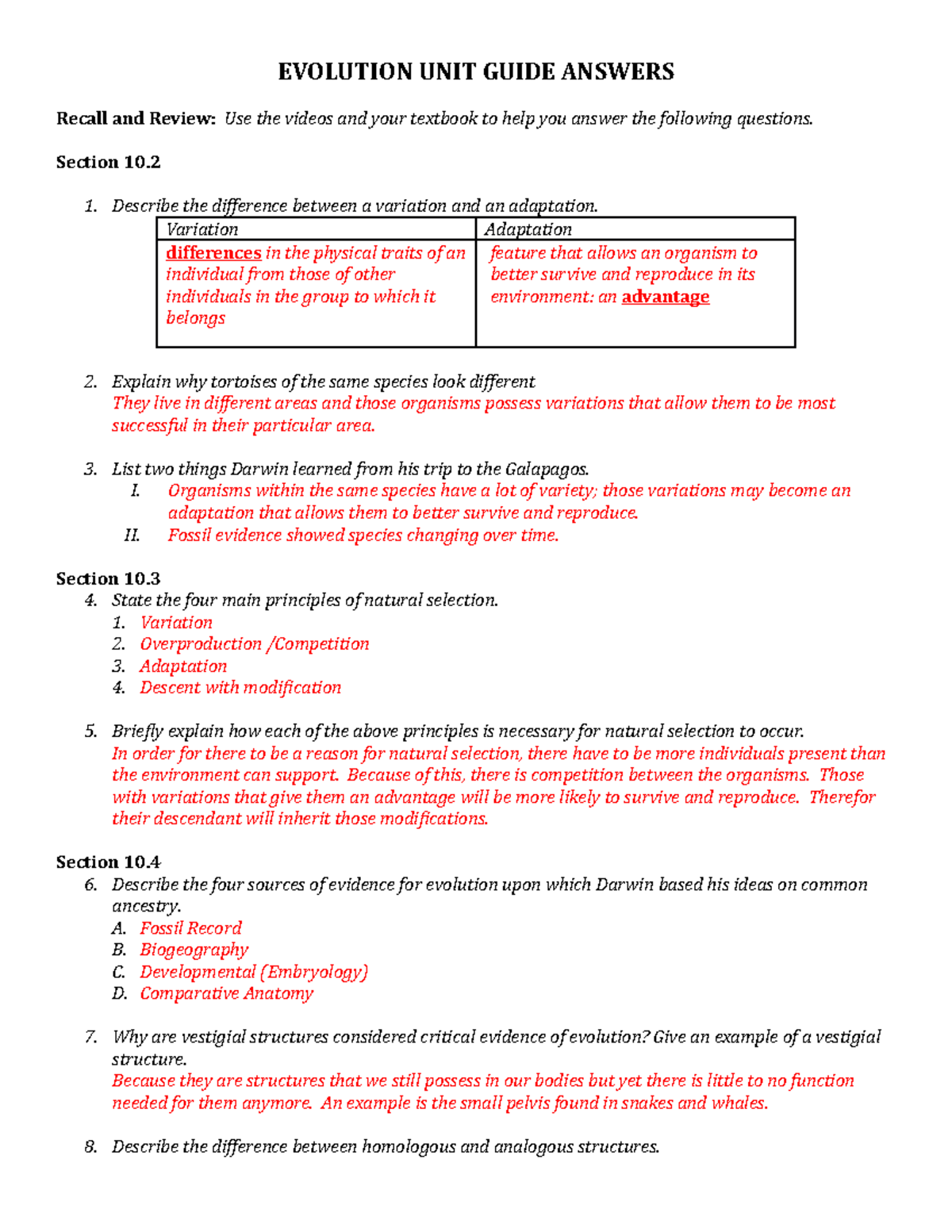 Evolution Unit Guide Answers: Key Concepts and Principles - Studocu
