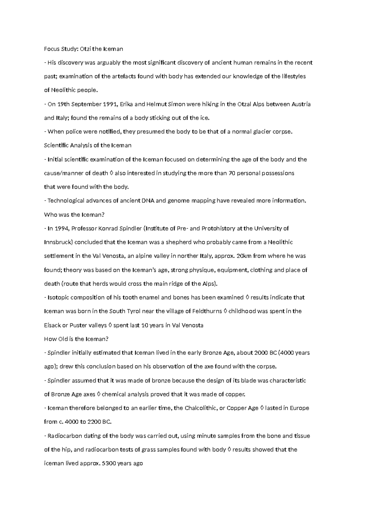 History notes - Otzi - Focus Study: Otzi the Iceman His discovery was ...