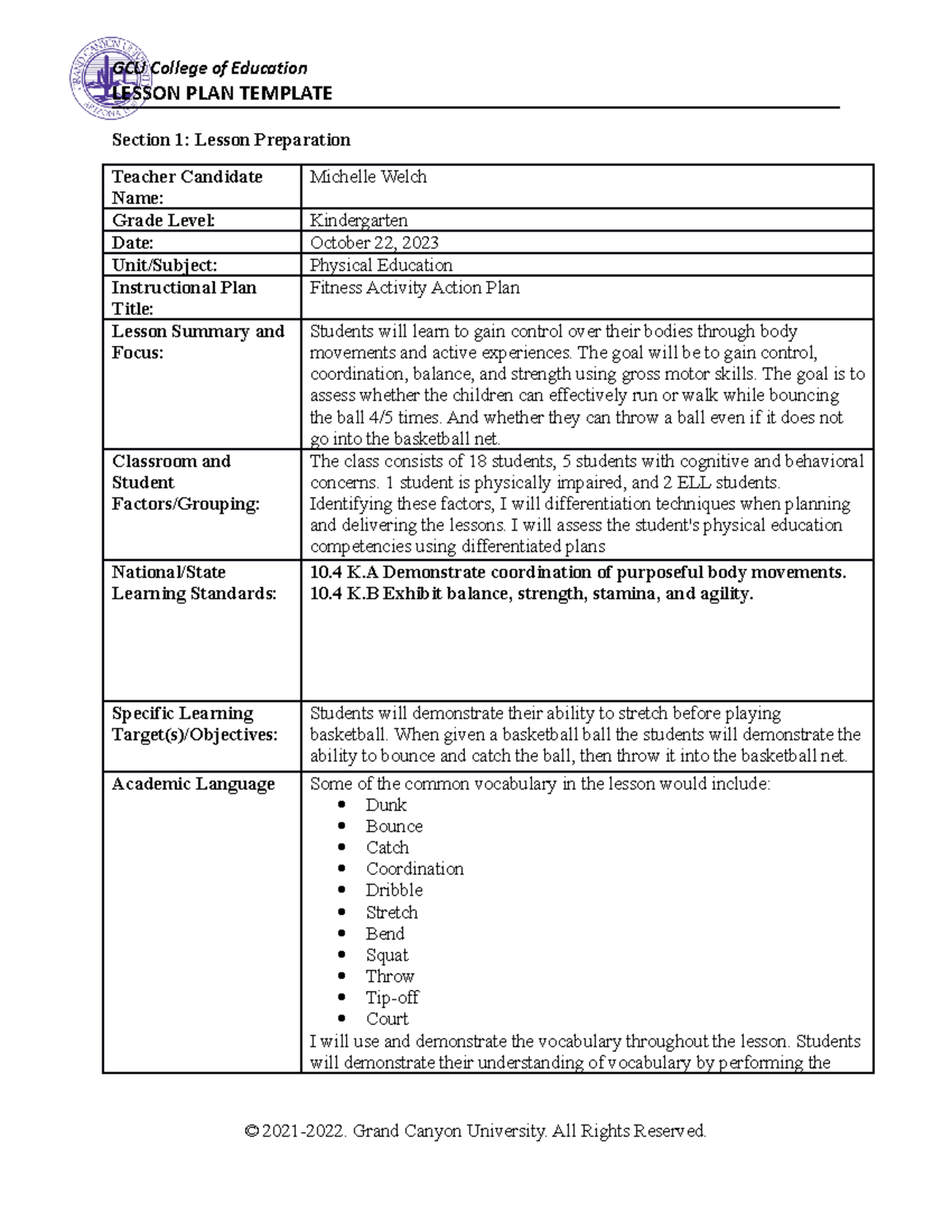 KIND 101 Physical Activity Lesson Plan: Fitness Activity Action Plan ...