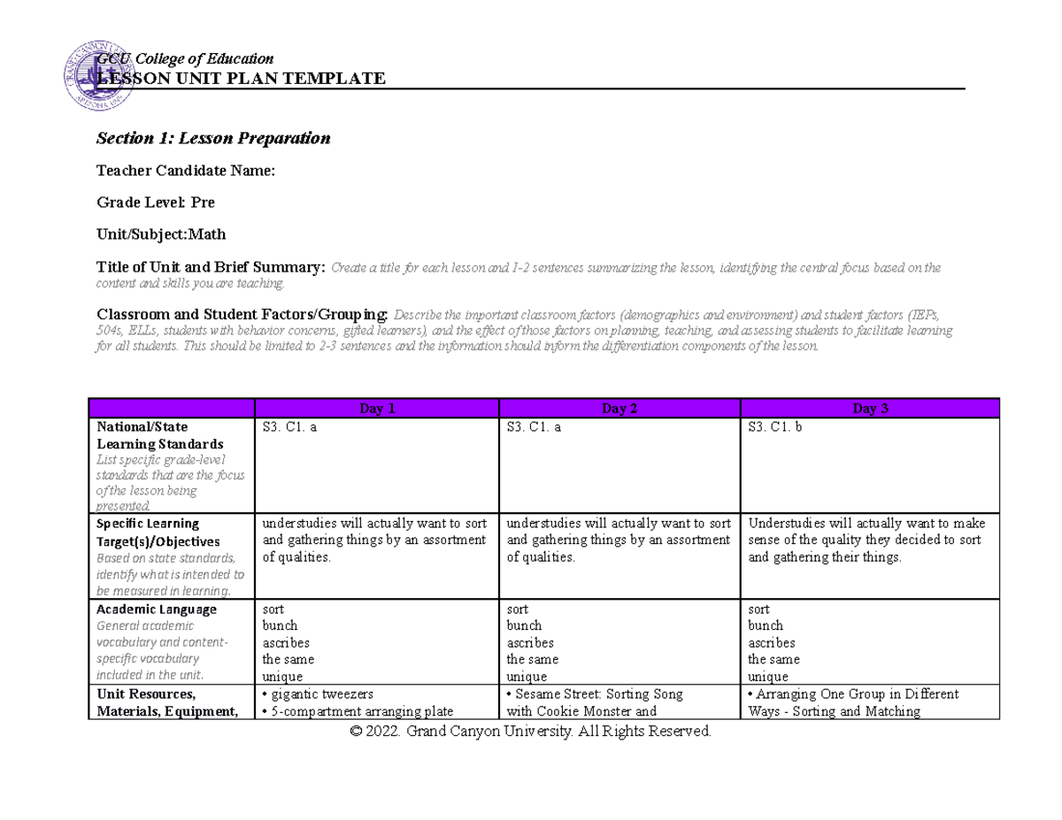 ECE 455 T5 Math Unit Plan Template for 3-Day Coursework - Studocu