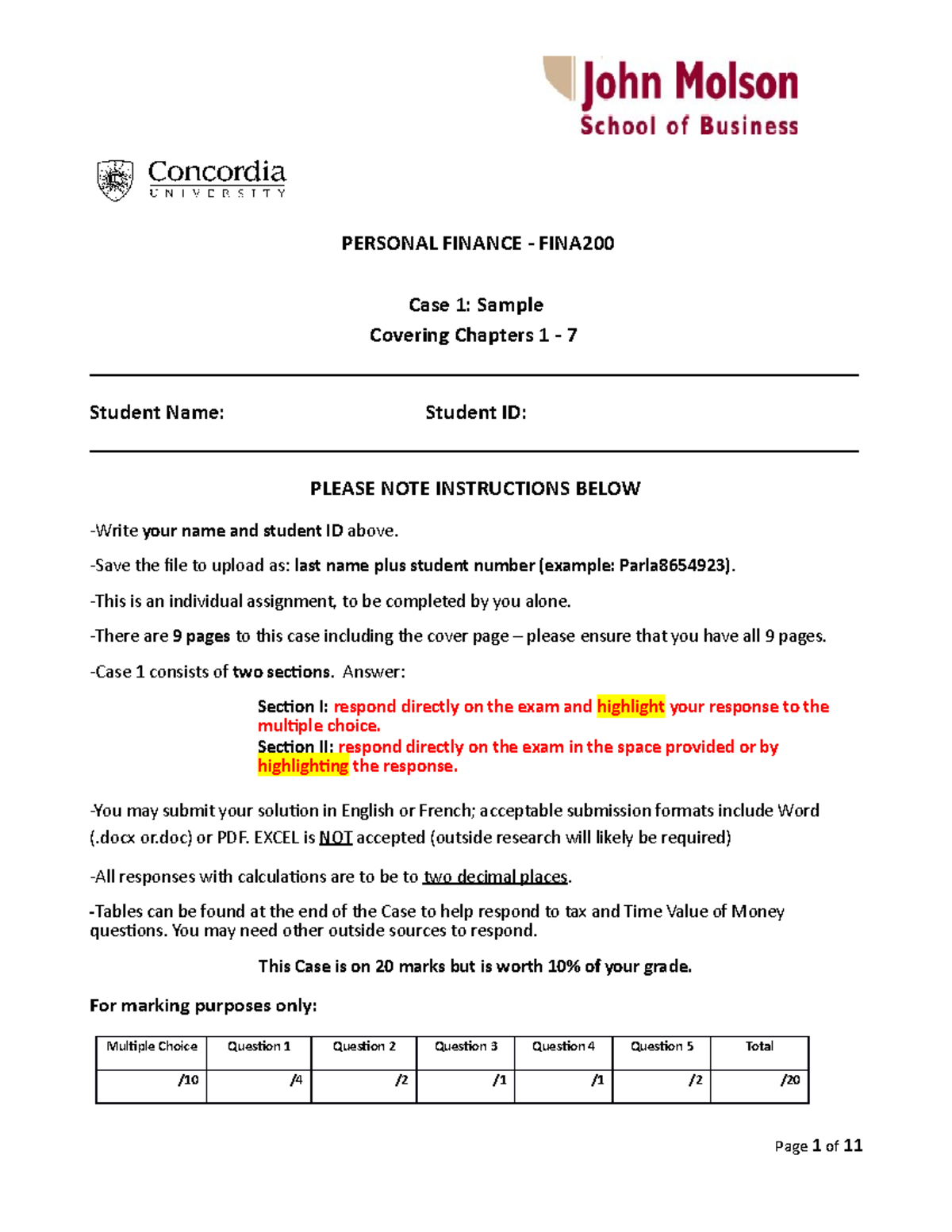 Personal Finance Case 1 Sample - FINA: Chapters 1-7 Overview - Studocu