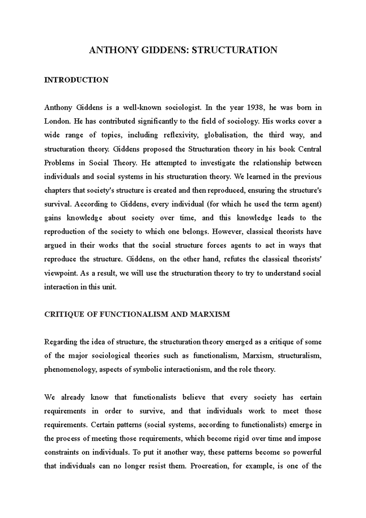 Anthony Giddens- Structuration - ANTHONY GIDDENS: STRUCTURATION ...