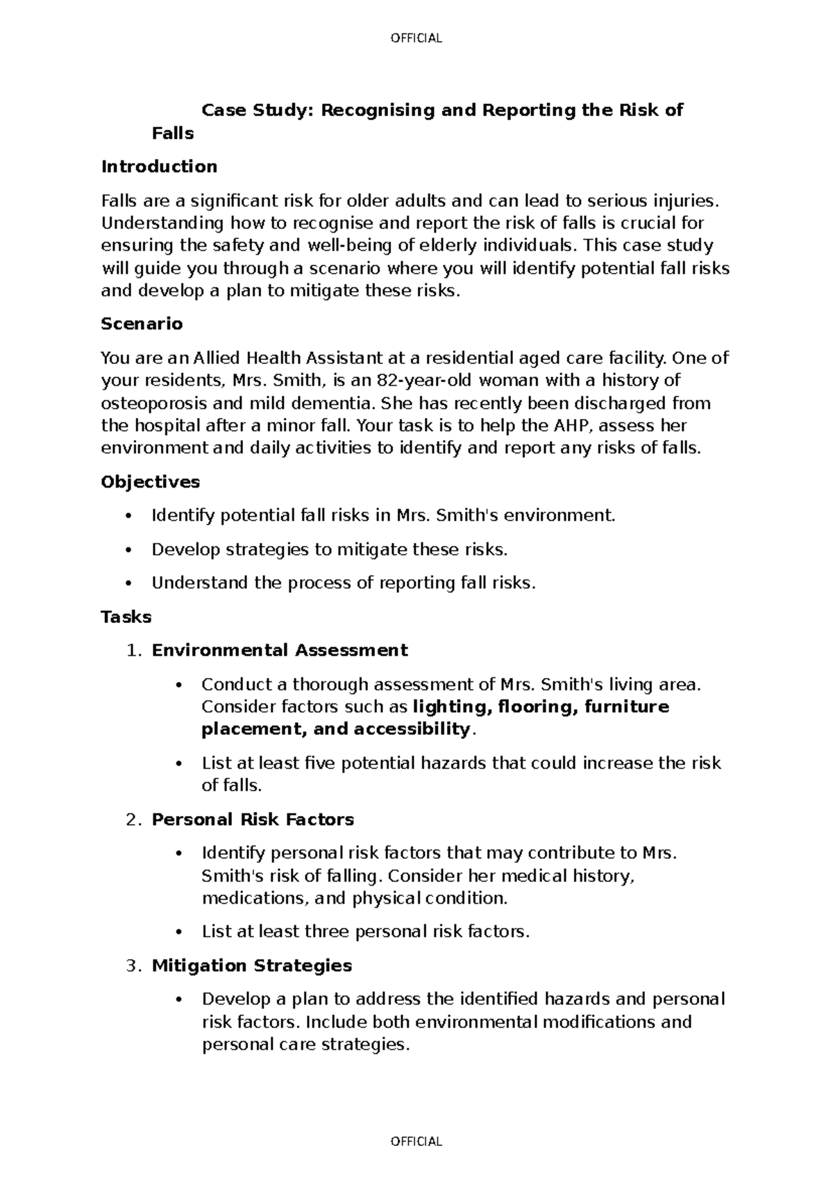 CHCAGE 007 Case Study: Fall Risk Recognition & Reporting - Studocu
