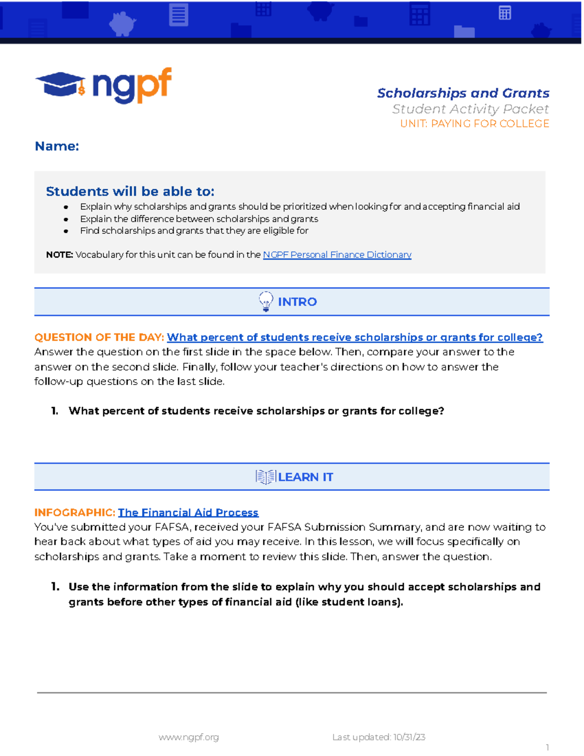5.2 Scholarships & Grants Activity Packet: Prioritizing Financial Aid ...