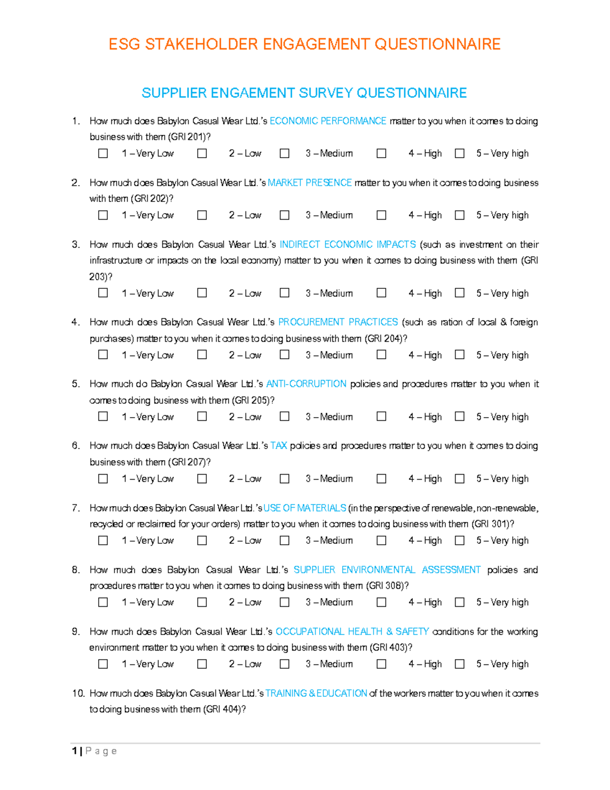 ESG Stakeholder Engagement Survey: Supplier Assessment (08) - Studocu
