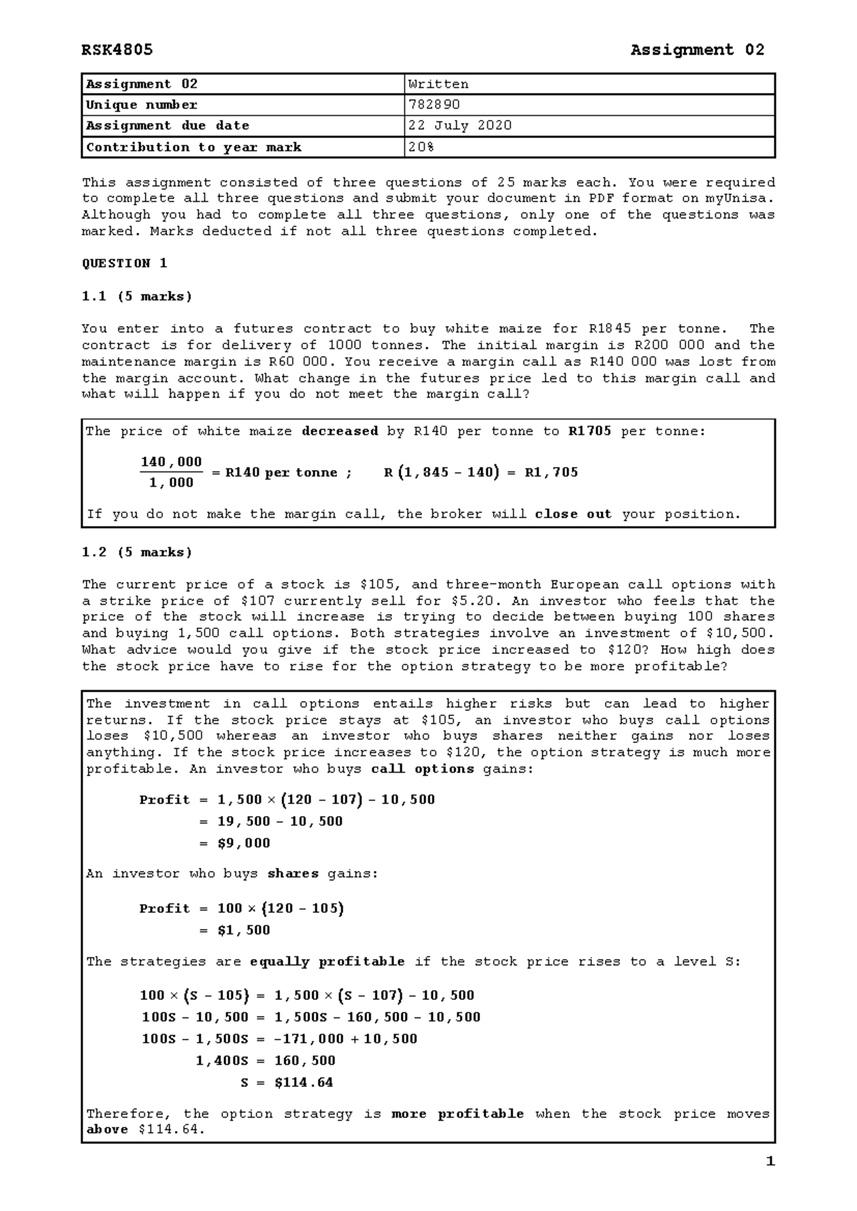 Unisa RSK4805 Assignment 02 Solutions 2020 - Assignment 02 Written Unique number 782890 ...