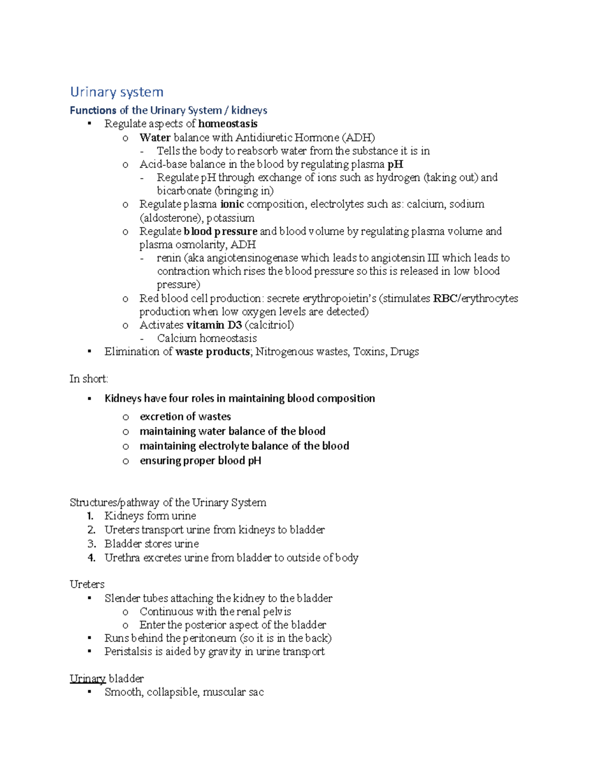 BSCI202 Lab Exam 3: Overview of the Urinary System Functions - Studocu
