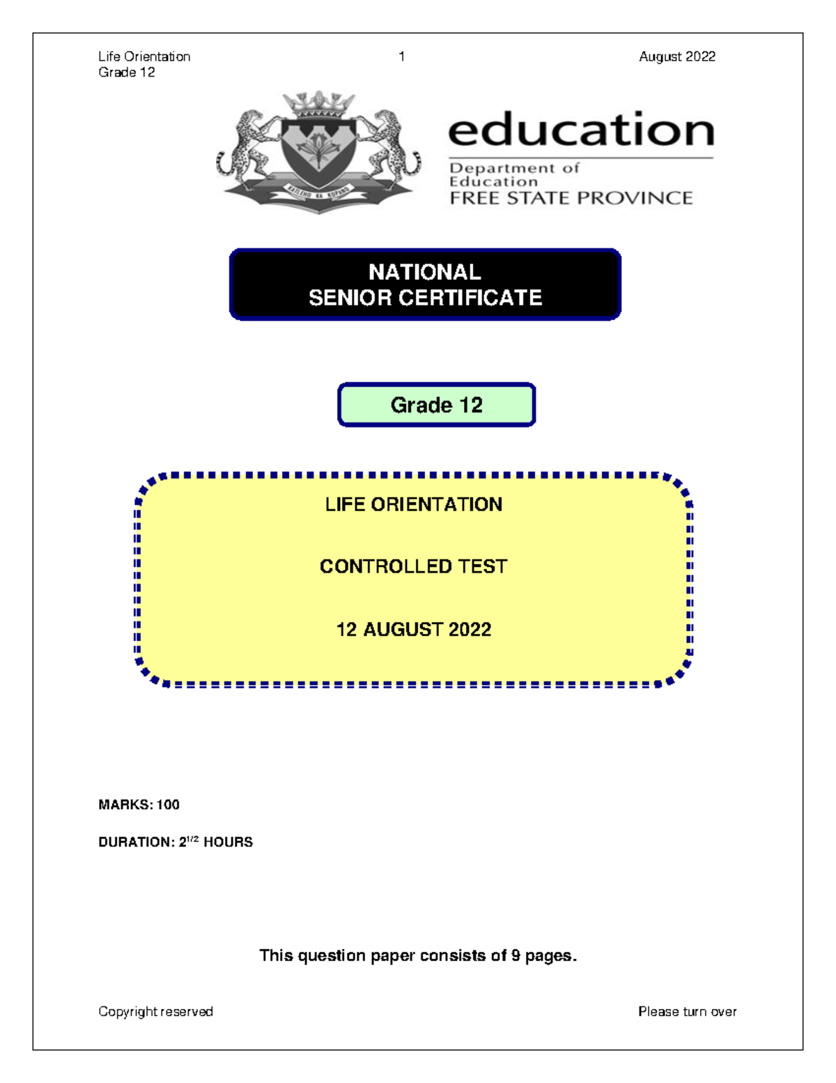 Life Orientation Grade 12 Controlled Test - August 2022 - Studocu