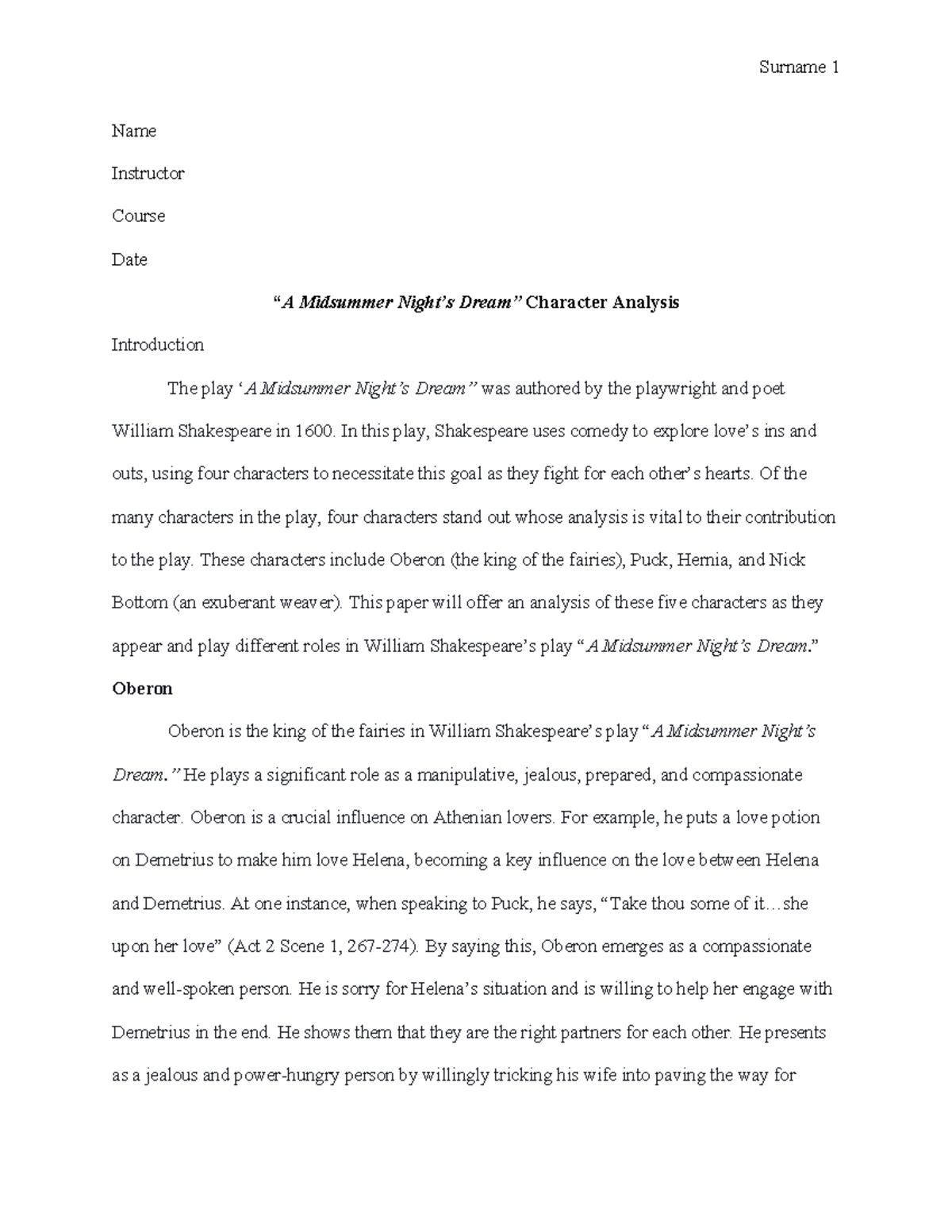 Midsummer Night's Dream Character Analysis - Name Instructor Course ...