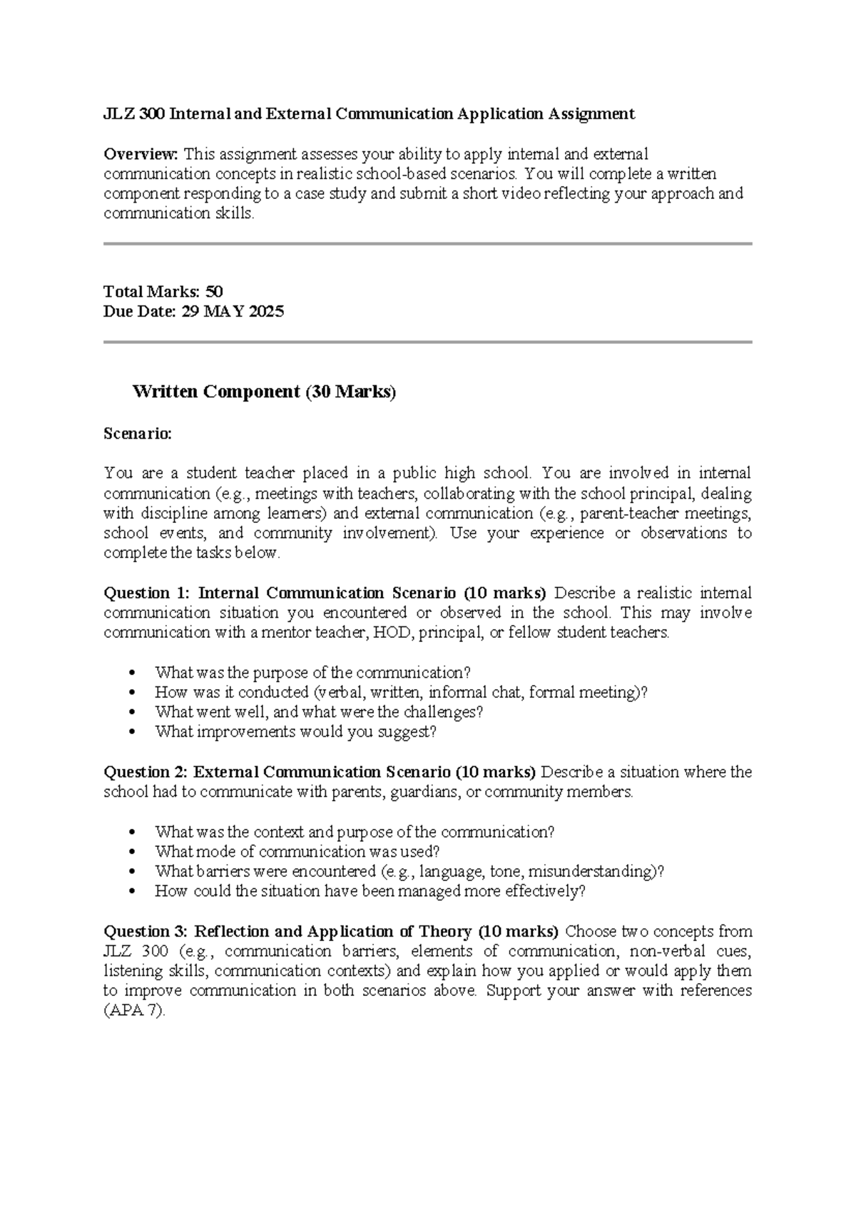 JLZ 300 Internal & External Communication Assignment Overview 2025 ...