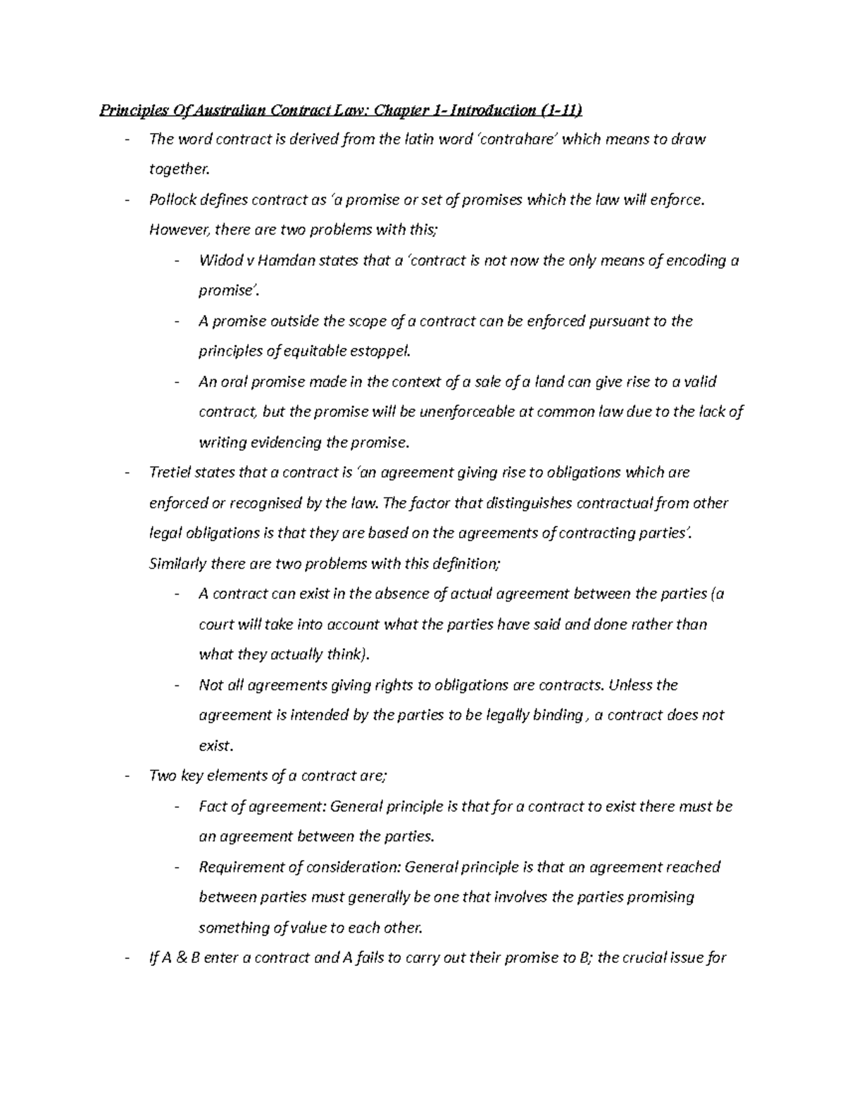 WEEK 1 Reading Notes: Foundations of Contract Law (AU Law) - Studocu