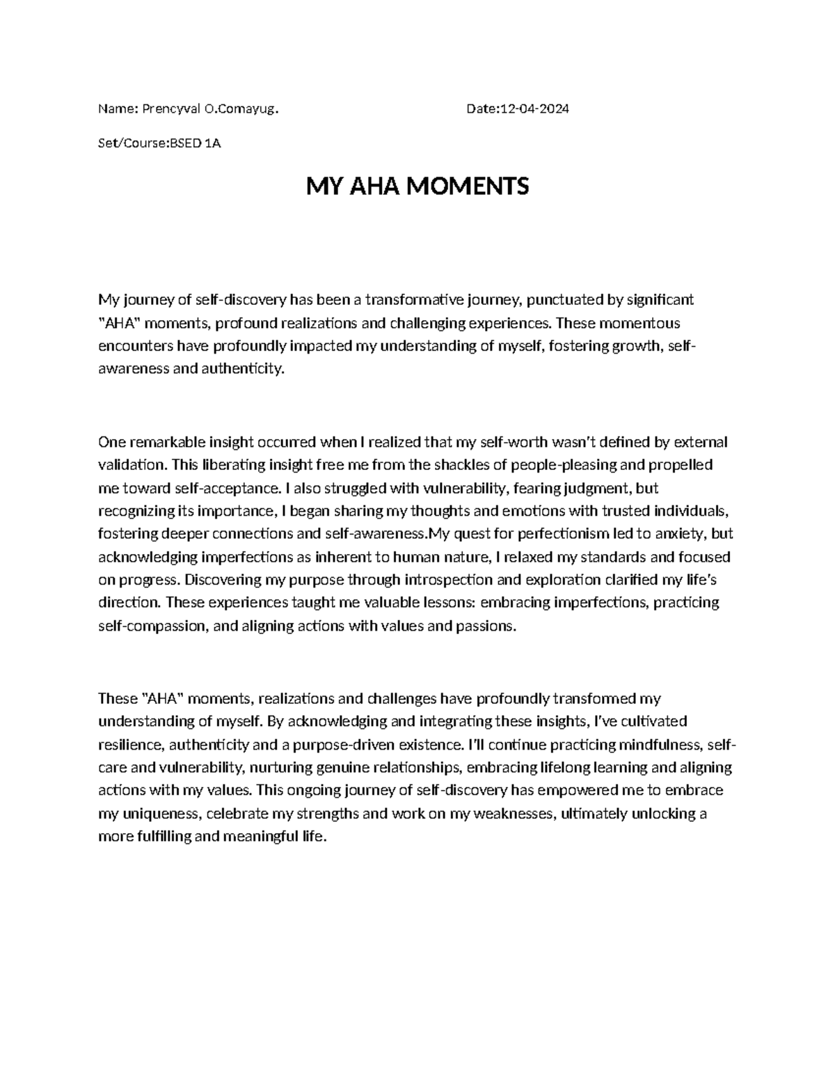 BSED 1A: Reflection on My Transformative AHA Moments - Studocu